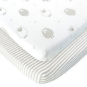 Travel Lite Crib Sheets Compatible with Graco Travel Lite Crib with Stages – Fits Perfectly on 20” x 30” Mattress Without Bunching Up – Snuggly Soft Jersey Cotton – Grey Sheep, Stripe – 2 Pack