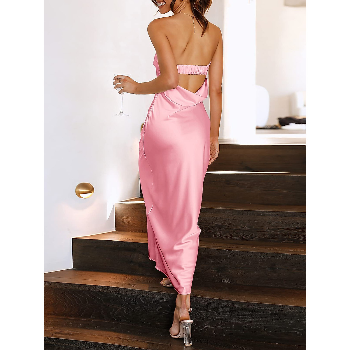 ANRABESS Women Summer Wedding Guest Maxi Dress Strapless Satin Tube Bodycon Backless Cocktail Formal Dresses 2025 Spring Pink