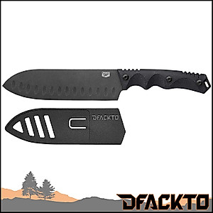 DFACKTO Interceptor 6.5 Inch Santoku Knife for Camping and Outdoor Kitchen, Stonewashed High Carbon Stainless Steel Black Knife, Full Tang Tactical G10 Handle, BBQ Utensil Cutlery