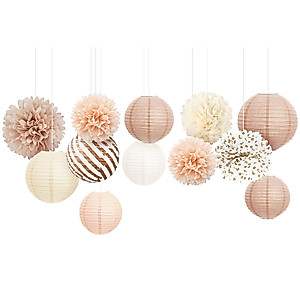 NICROHOME Wedding Decorations, 12 PCS Champagne Tissue Paper Pom Poms and Lanterns Set, Creamy White Paper Flowers for Engagement Receptions, Boho Bridal Showers Party Supplies