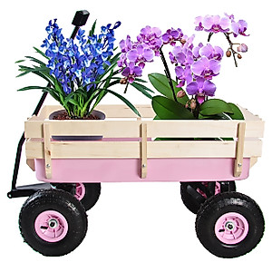 ZeHuoGe Outdoor Sport Pink Wagon All Terrain Pulling w/Removable Wooden Side Panels Air Tires Big Foot Panel Wagon, Pull-Along Wagons (Pink)
