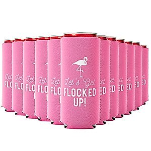 Let's Get Flocked UP!, Set of 12 Slim Pink and White Can Coolers Cups, Flamingo Can Coolers Perfect Flamingo Party Supplies, Bachelorette Party, and Bridal Showers