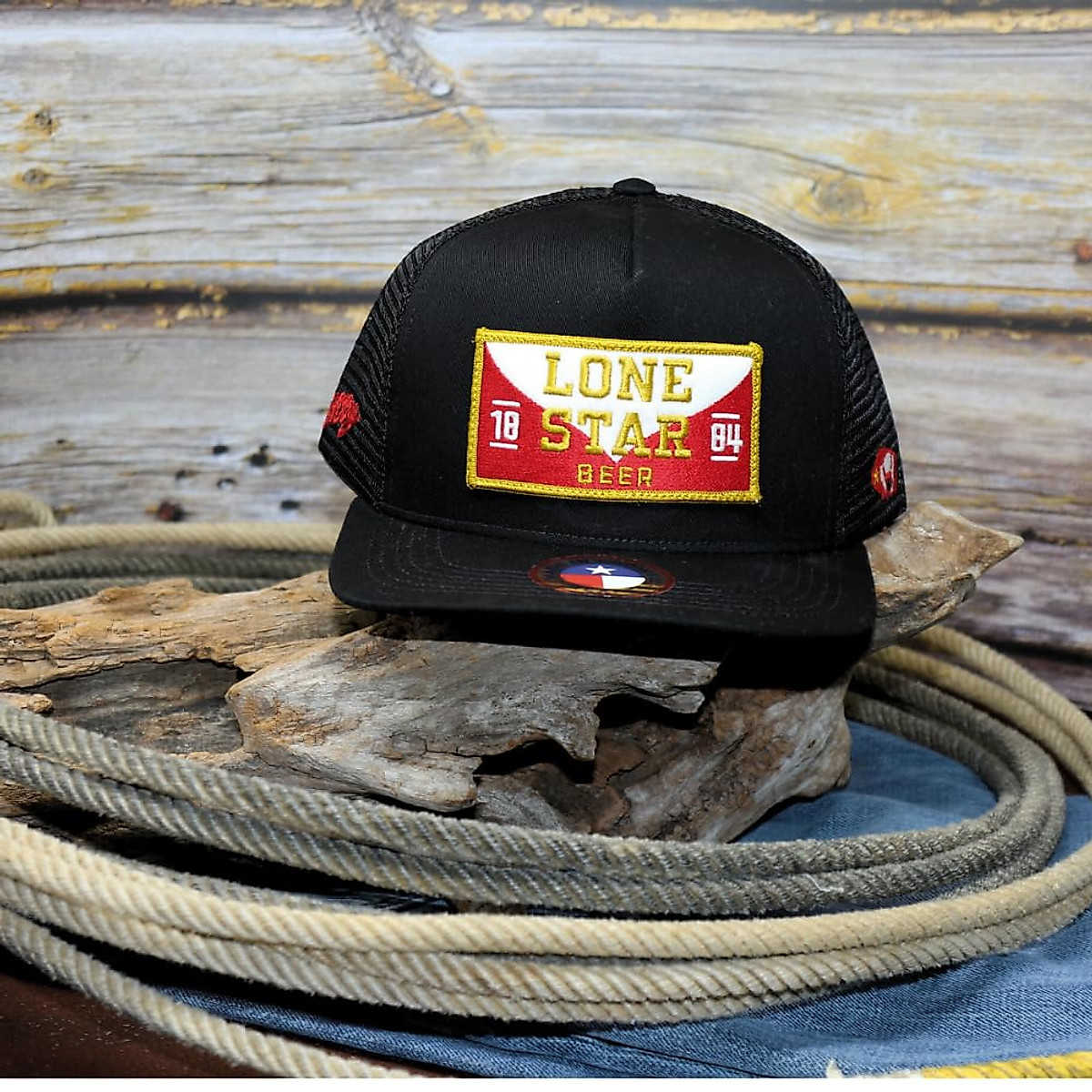 HOOEY Lone Star Beer Patch Adjustable Snapback Hat (Black/Black)