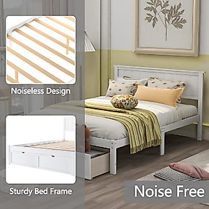 Twin Size Country Wooden Platform Bed Frames with Large Storage Drawers/Headboard, Modern Simple Platform Bed with Solid Wood Slat for Bedroom Small Living Space Boys Girls, Under Bed Storage, White