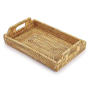 Hipiwe Rattan Serving Tray with Handles - Hand-Woven Decorative Tray for Storage Breakfast, Drinks, Snack,Rectangular Basket Organizer Tray for Coffee Table, Home Decor (Small)