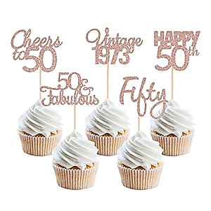 Gexolenu 30 pcs Happy 50th Birthday Rose Gold Double-Sided Cupcake Toppers Cheers to 50 Fabulous Cupcake Picks Fifty Vintage 1973 Cake Decorations for 50th Birthday Anniversary Party Supplies