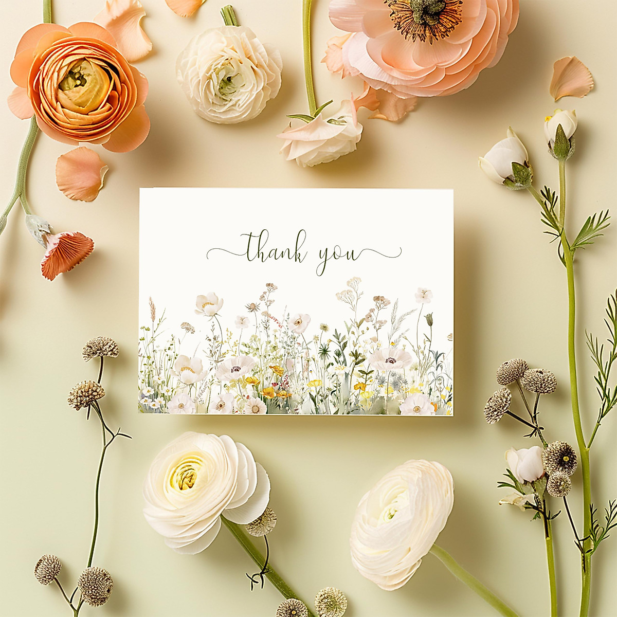 Floral Thank You Cards With Envelopes,20Pack - 4x6 Thank You Cards Set,Perfect Thank You Cards Bulk For All Occasions,incl. Baby Shower, Wedding, Birthday Party, Greeting (Olive green wildflowers)