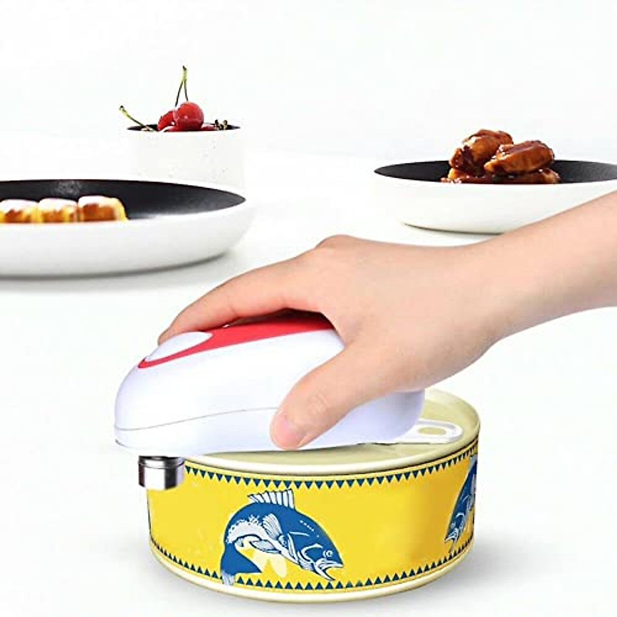 Kitchen Goods Electric Can Opener - One Touch Push of a Button, No Sharp Edge, Food Safe, Cordless Battery Operated, Portable Handheld and Easy to Operate for Adults & Seniors - White & Red