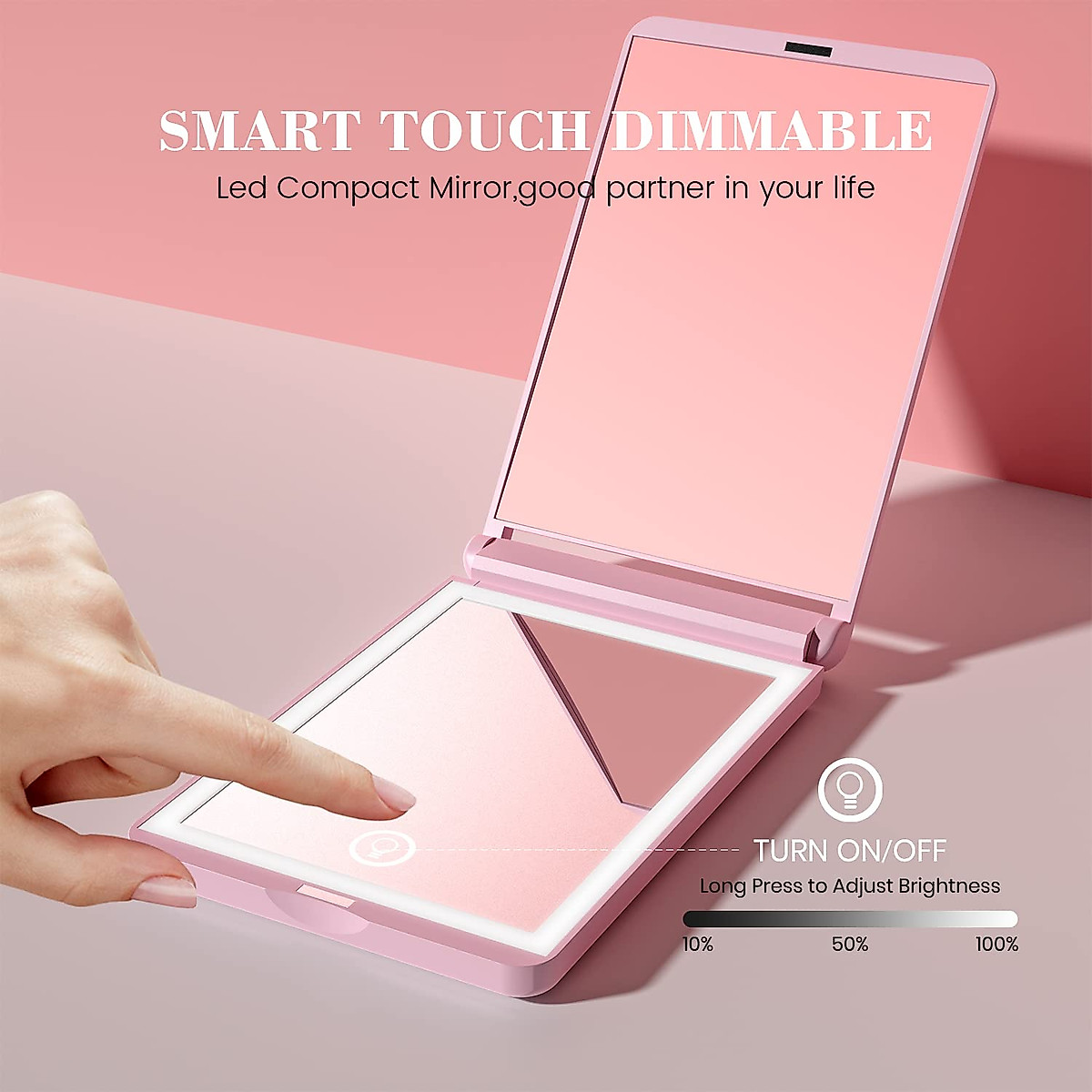 ULIGOOD [2023 Latest] Travel Mirror with Light, 1X/3X Magnification Lighted Pocket Mirror, Touch Switch Compact Mirror with LED Light, 2-Sided, Portable, Folding, Handheld, Small Compact Mirror(Pink)
