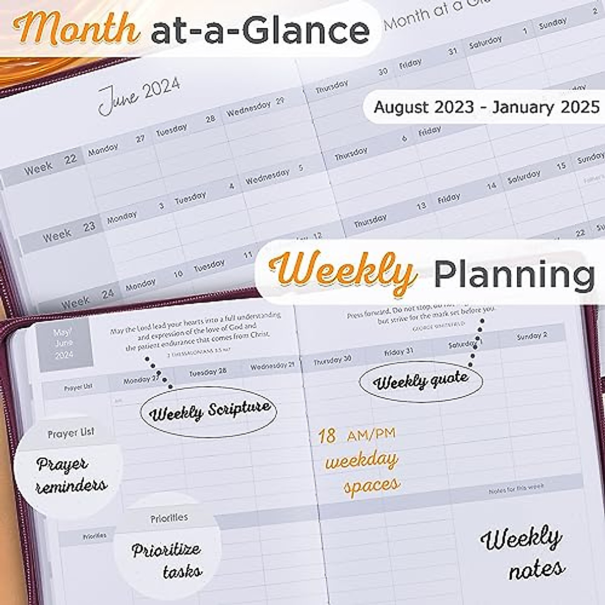 Christian Art Gifts 2024 18 Month Women's Vegan Leather Personal Planner Organizer w/Zipper Closure: Be Still & Know Inspirational Bible Verse, Daily, Weekly, Monthly Planning, Maroon Floral, Large