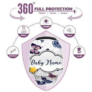 Baby Car Seat Stroller Covers Custom Name Cartoon Butterfly Nursing Cover Breastfeeding Scarf Soft Breathable Stretchy Coverage Carseat Canopy Cover for Boys and Girls Multi Use