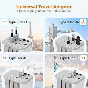 TESSAN Universal Power Adapter, International Plug Adapter with 4 USB Outlets, Travel Worldwide Essentials, All in 1 Wall Charger Converter for UK EU Europe Ireland AU (Type C/G/A/I) Grey