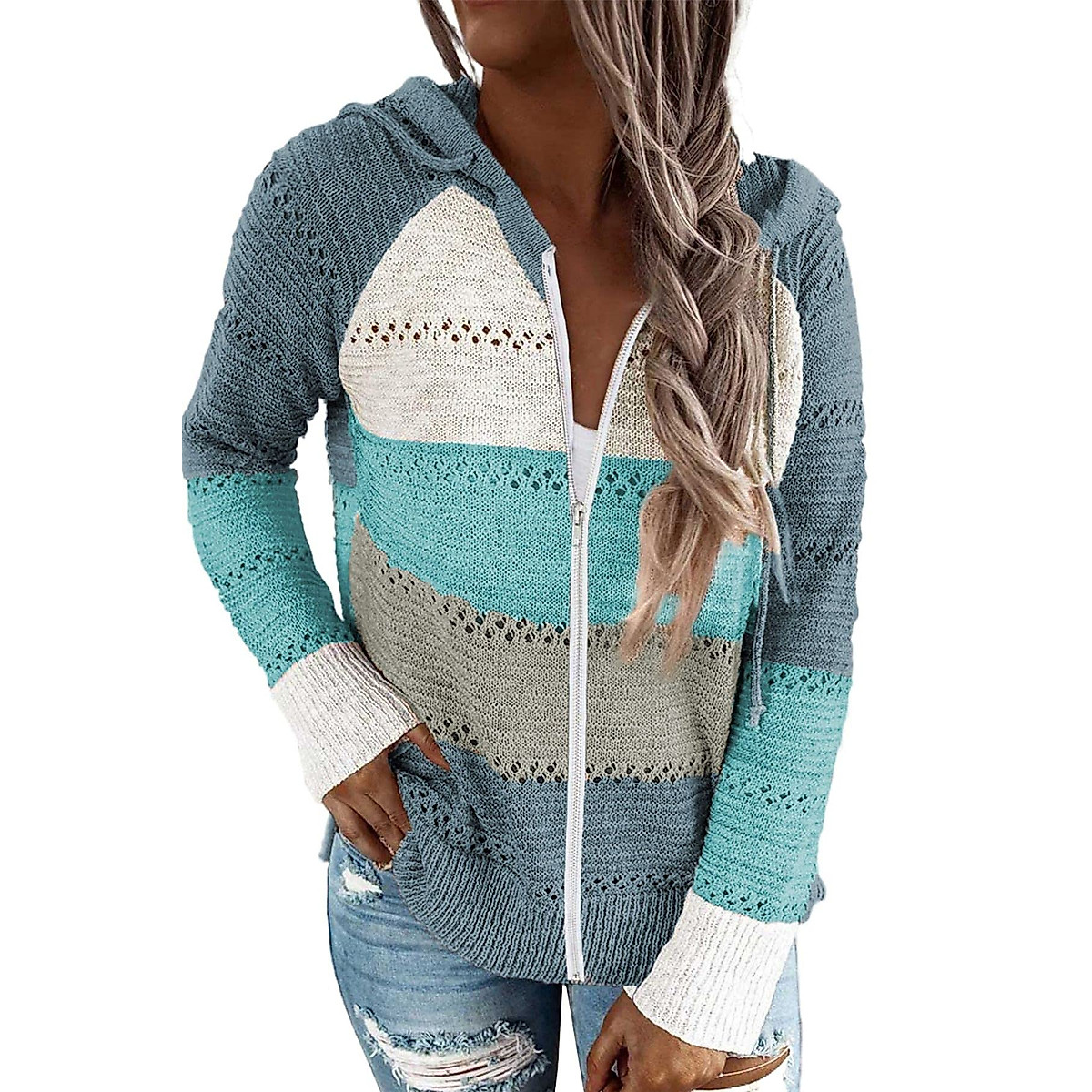 SMENG Womens Cardigan Knit Sweater Hoodies Striped Color Block Drawstring Sweatshirts V Neck Blue XL