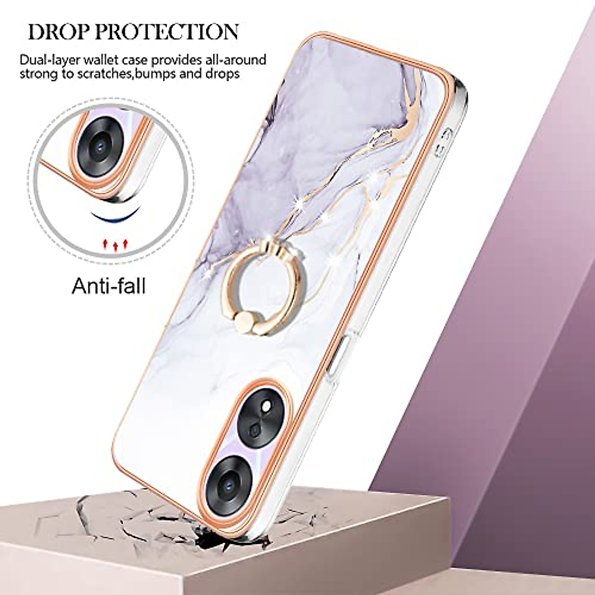 NVWA Compatible with Oppo A78 A58 Case Slim, TPU IMD Personalized White Marble Series Slim Phone Cases Shockproof Back Protective Cover Ring Holder