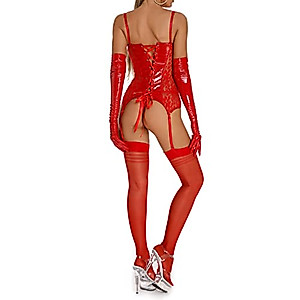 Jhaoyu Womens Latex Garter Bustier Tops with G-String Thong Set Wetlook PU Leather Catsuit Sexy Lingeries Red 3X-Large
