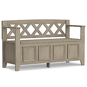 SIMPLIHOME Amherst SOLID WOOD 48 inch Wide Entryway Storage Bench with Safety Hinge, Multifunctional Transitional in Distressed Grey