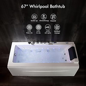 67 in Whirlpool Bathtub,Empava Jetted Tub with Heater,Hydro Massage Bathtub with 9 Water Jets+8 Air Jets,SPA Bathtub with Waterfall,Whirlpool Tub with Light,LED Control Panel