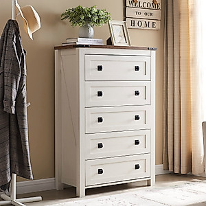 T4TREAM Farmhouse 5 Drawers Dresser Chests for Bedroom, Wood Rustic Tall Chest of Drawers, Dressers Organizer for Bedroom, Living Room, Hallway, Antique White