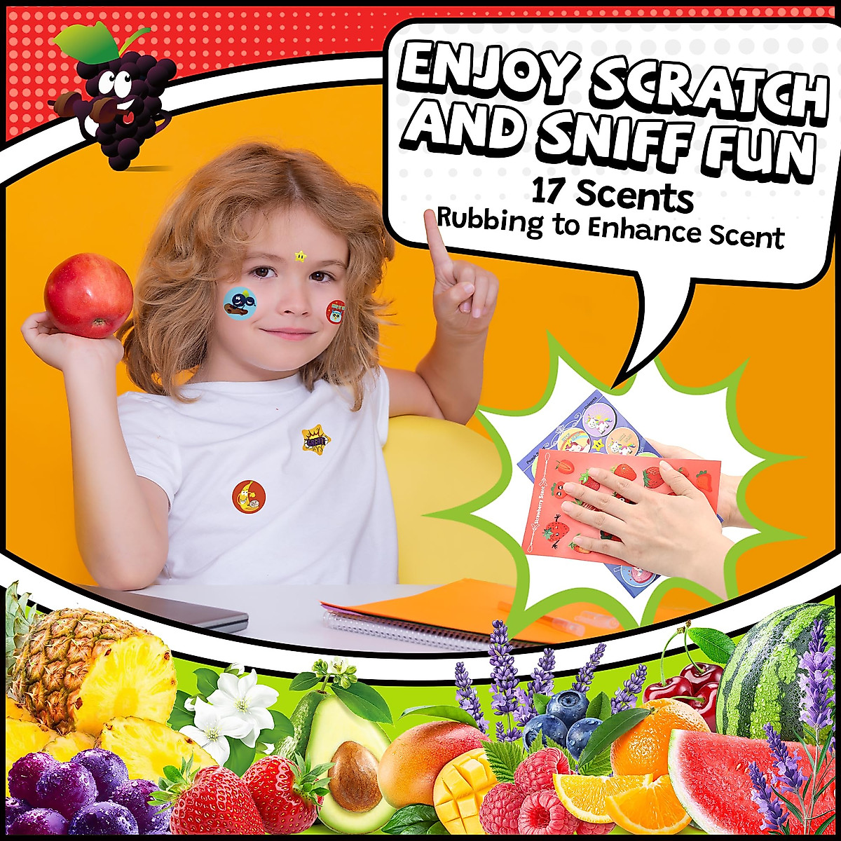 HORIECHALY Scratch and Sniff Stickers, Smelly Stickers for Kids 68 Sheets 17 Scents, 1000+ Scented Stickers of Food Fruit Flower, Classroom Reward Stickers for Teachers, Holiday Gift for Little One.