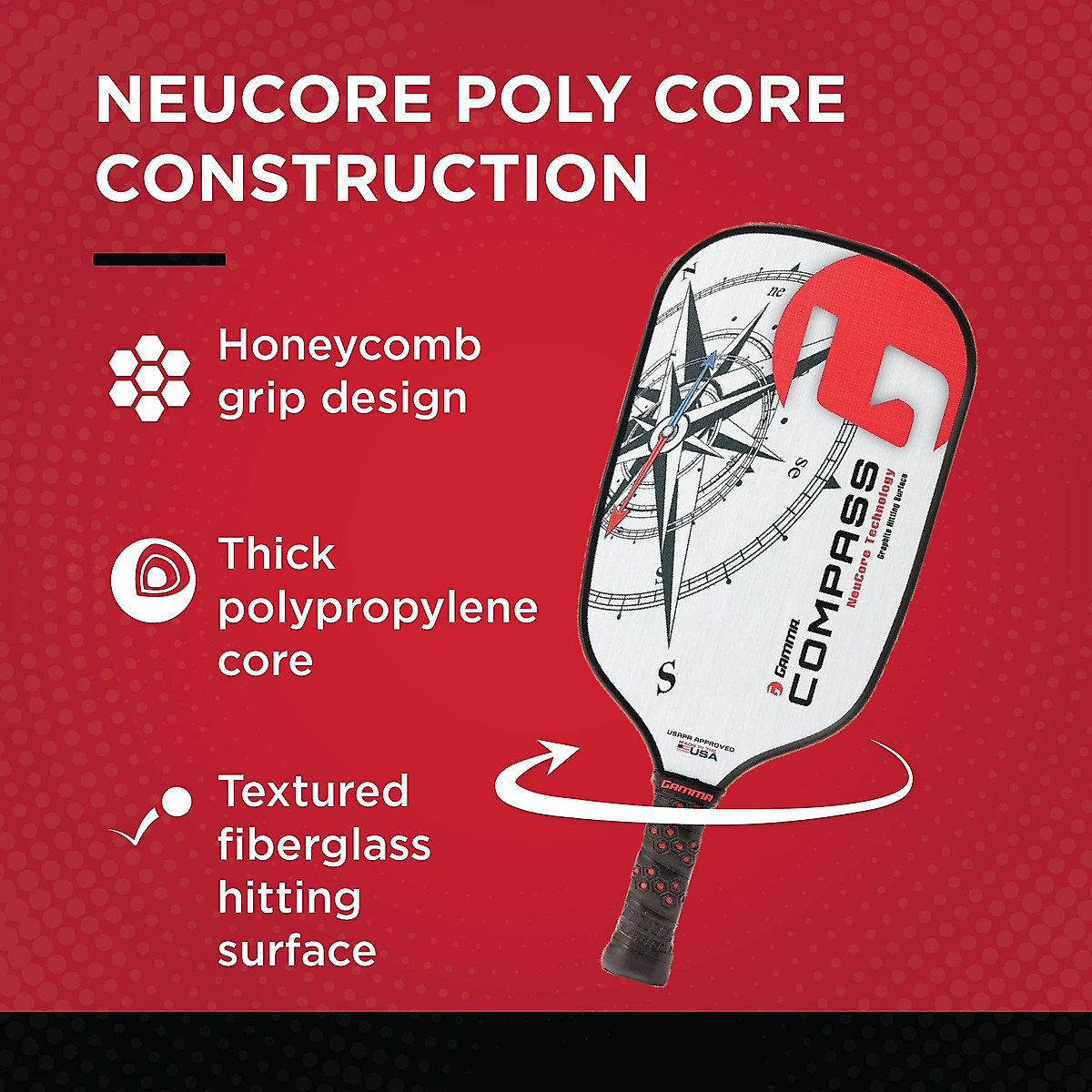 GAMMA Sports Compass NeuCore Pickleball Paddle, Graphite Power Surface and Honeycomb Grip, Elongated Compass
