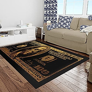 JUST BREATHE Area Rug 4’x6’ Money Rug Luxury 100 Dollar Bill Area Rugs Collection Cash Art Carpet Rug for Living Room Entryway Dining Room Home Office, Bedroom Rug, Non-Slip, Washable, Black/Gold