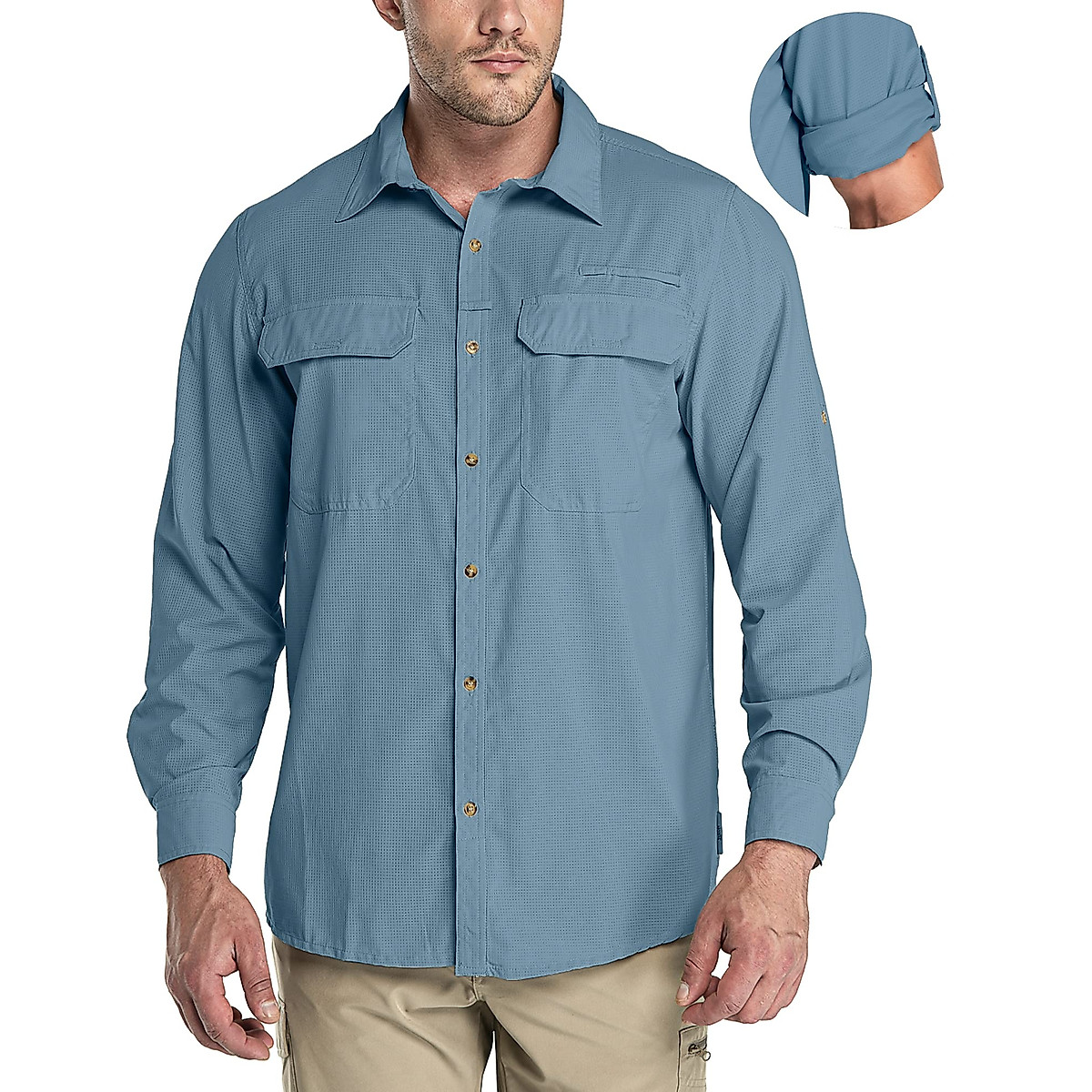 33,000ft Men's Long Sleeve Sun Protection Shirt UPF 50+ UV Quick Dry Cooling Fishing Shirts for Travel Safari Camping Hiking Ocean Blue