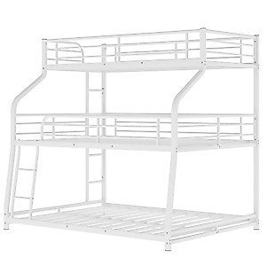 Triple Bunk Beds Twin XL/Full XL/Queen, Made of Heavy Duty Steel with Ladders and Full-Length Guardrails for Boys, Girls, Teens (White)