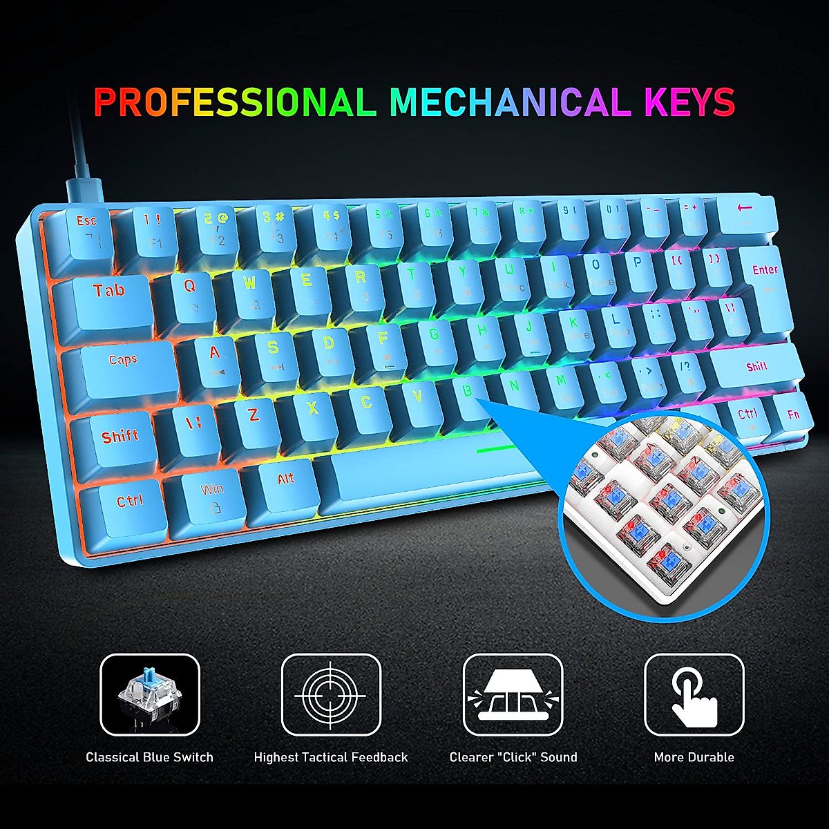 SELORSS Blue 60% True Mechanical Gaming Keyboard and Mouse Combo,20 RGB Chroma Backlit Type C Wired 62 Keys Mini Keyboard,Lightweight Gaming Mouse and Mouse Pad for Gamers and Typists