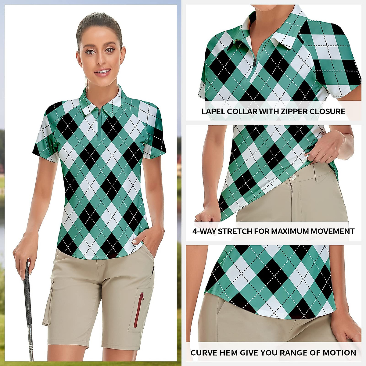 Women's Plaid Golf Shirt Short Sleeve Tennis Shirt Golf Polo Shirts Argyle Golf Tops Green Medium