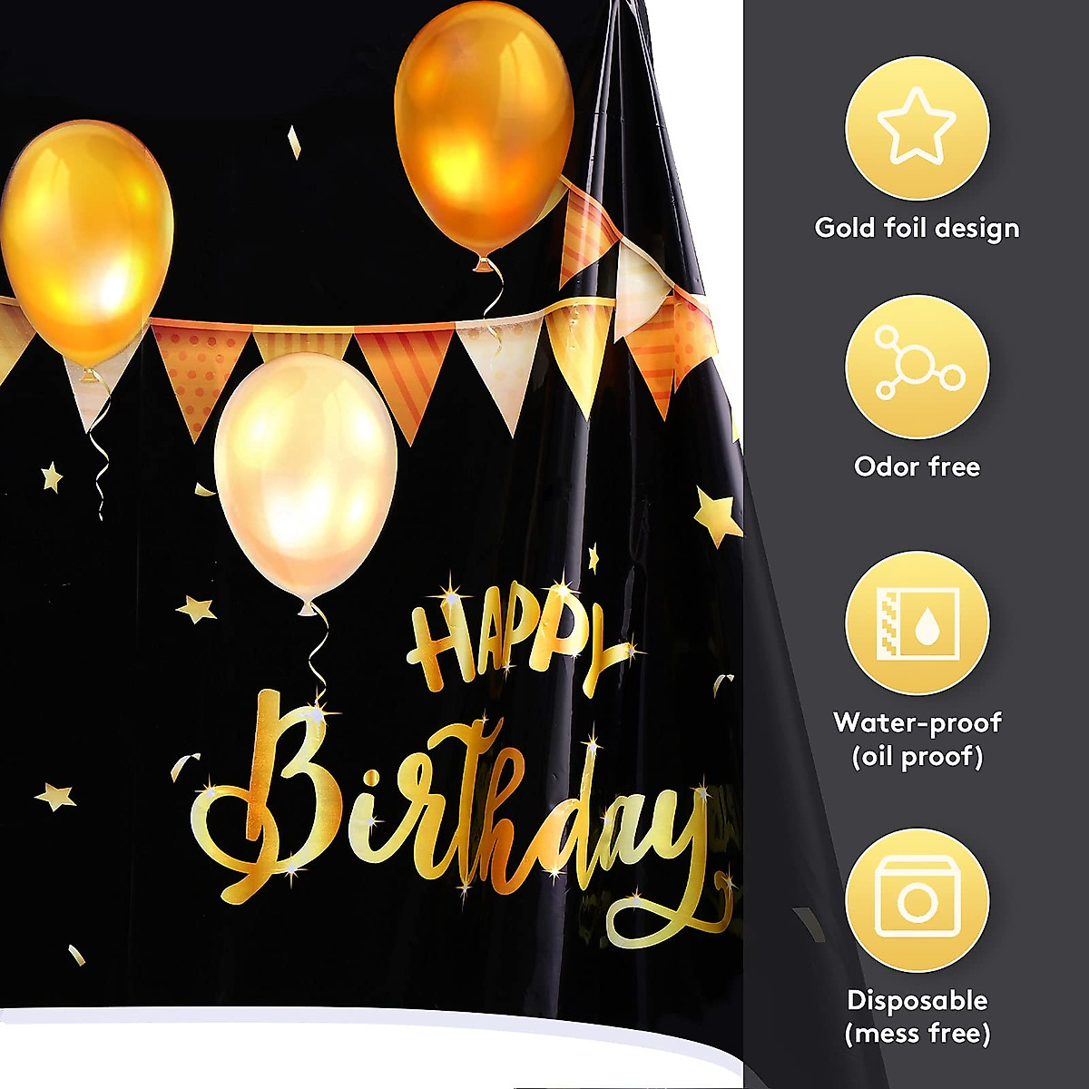 FZR Legend Happy Birthday Tablecloth, Plastic Tablecloth with Gold Stars Plastic Table Cover Disposable Black Tablecloth for 90th 80th 70th 60th 50th 40th 30th Birthday Party Decoration - 54" x 108"