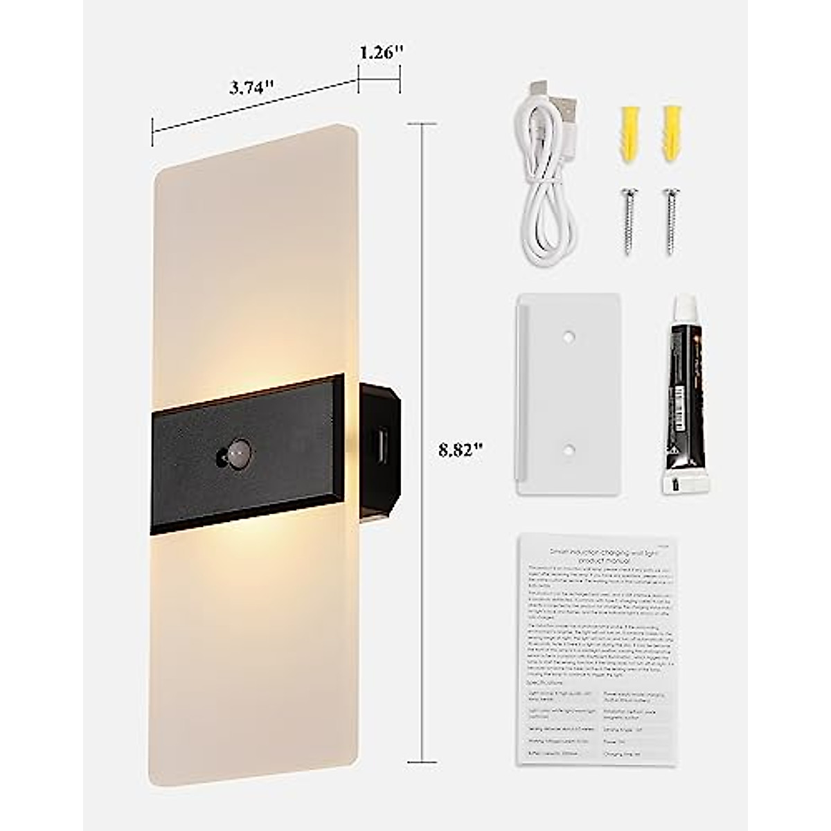 pasentel Motion Sensor LED Wall Sconces, 2-Pack Acrylic USB Rechargeable Wall Light Battery Operated Night Light Indoor Led Wireless Wall Lamp for Stairs, Hallway, Bathroom, Bedroom, BD025-LEB-BK2