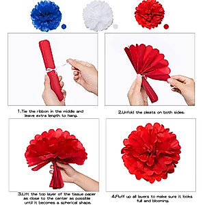 Blue White and Red Birthday Decorations, Patriotic Party Supplies Kit for Men Women Boys Grils, Happy Birthday Banner Paper Pompoms Red Blue Confetti Balloons Star Streamer for 4th of July Baseball