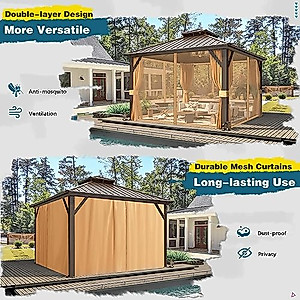 MELLCOM 12'x12' Hardtop Gazebo, Galvanized Steel Metal Double Roof Aluminum Gazebo with Curtain and Netting, Permanent Pavilion Gazebo for Patio, Lawn and Garden