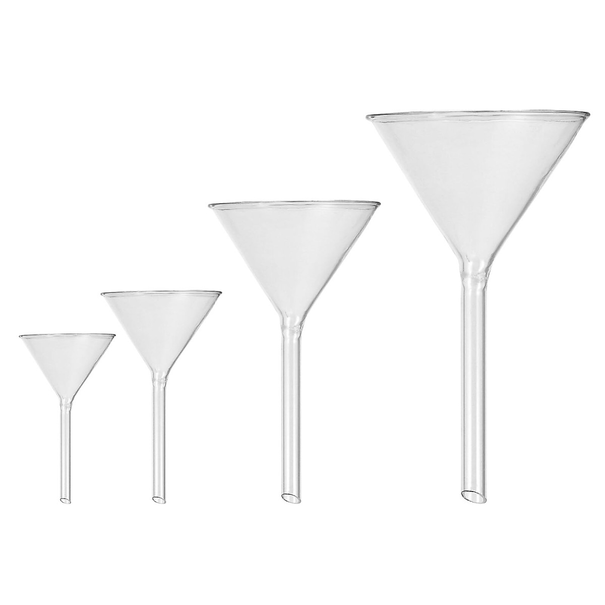 Baluue 4pcs Glass Funnels Set, Borosilicate Glass Funnel for Lab, Short Stem, Heavy Wall, 40mm, 50mm, 75mm, 100mm