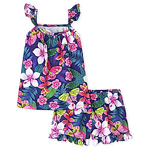 The Children's Place Girls' Sleeveless Tank Top and Short 2 Piece Pajama Set, Tropical Purple, Medium
