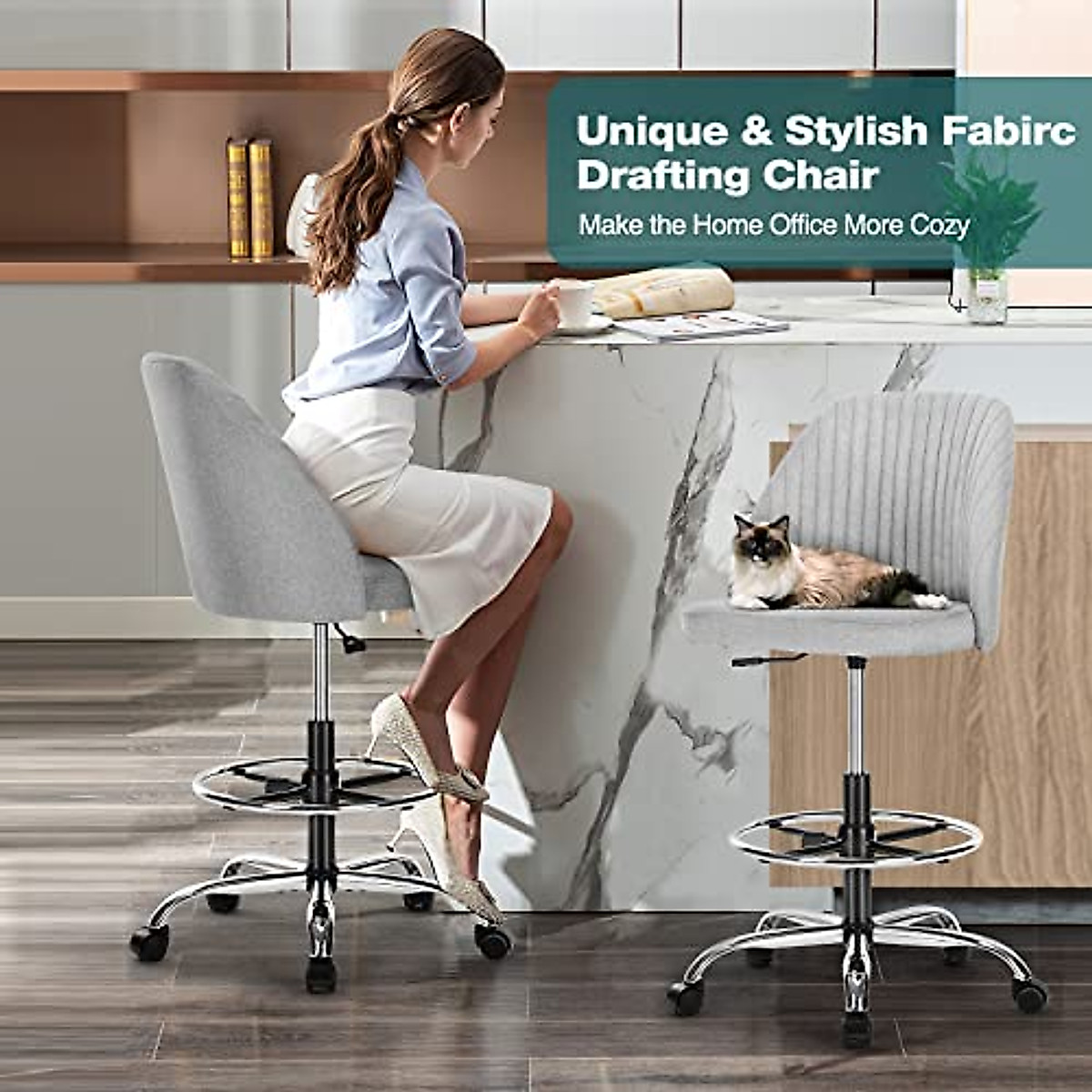 SMUG Standing, Fabric Desk Armless Drafting Counter Height Adjustable Office, Bar Shop Guitar Tall Vanity Stool Chair with Backrest Wheels, Grey