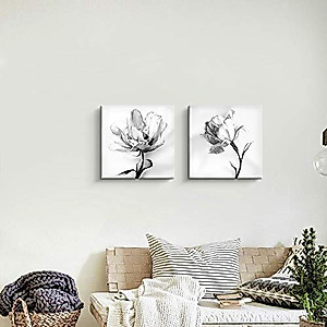 Pinetree Art 2 Panel Black And White Canvas Wall Art White Flower Rose Nordic Canvas Prints Painting Wall Decor for Living Room Wooden Framed Home Decorations - 12"x12" (White Flower, 12 x 12 2pcs)