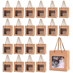 BENECREAT 50pcs Gift Bags with Transparent Window, Kraft Paper Shopping Bags with Handle for Birthday Wedding Party Florist Christmas Packing, 5.8x5.5x2.8