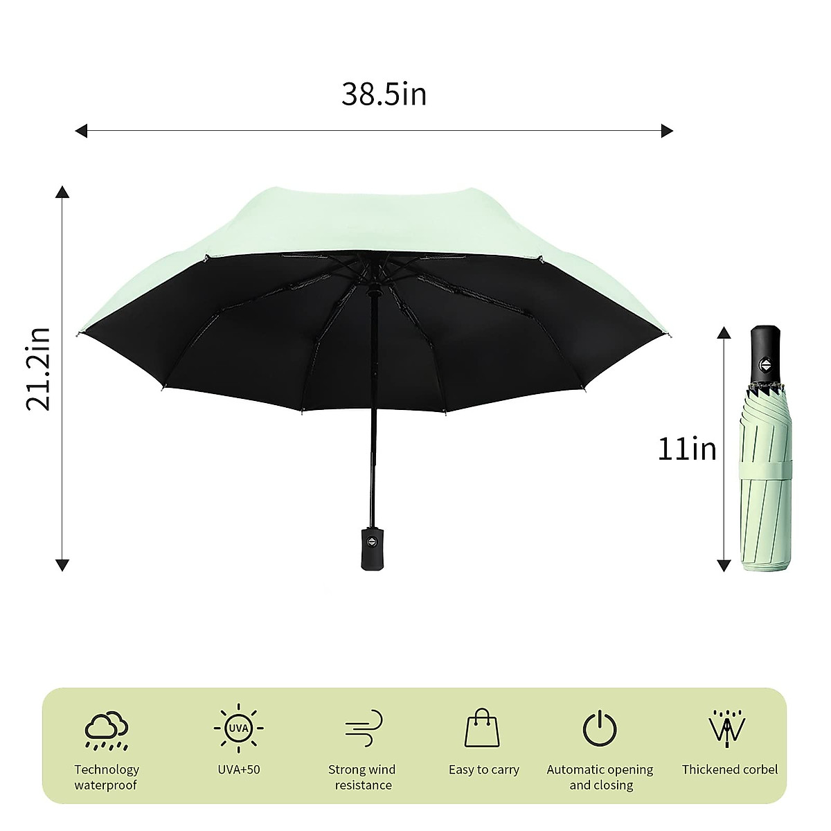 Cloudia Automatic Windproof Travel Umbrella, Umbrella in Rain and Sun for Women and Men (Matcha)