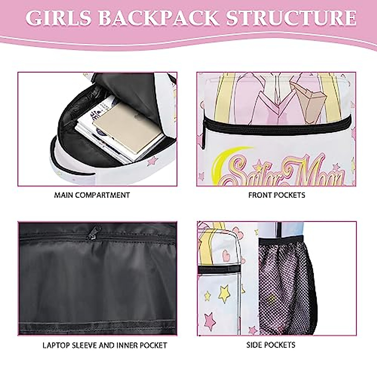 SKTYBDC Cute Anime Backpack, 5Pc Cartoon Backpack with Lunch Box, Button Pins, Keychain, Stickers, Casual Daypack Travel Bag 17in (dream)