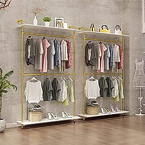MDEPYCO Modern Simple Industrial Metal Pipe Double Hanging Rods Clothing Rack,Retail Wall Mounted Display Storage Clothes Bag Hanging Shelf,2 Tier Wood Garment Rack (One Shelves,Gold, 59" L)
