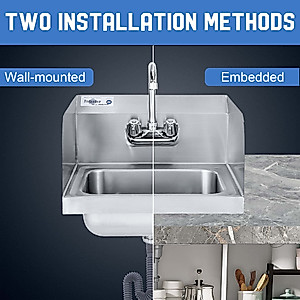 Profeeshaw Stainless Steel Sink Commercial Wall Mount Hand Washing Basin NSF Certified, with Gooseneck Faucet and Side Splash Guard, for Restaurants, Stores, Bars and Home, 17" x 15" …