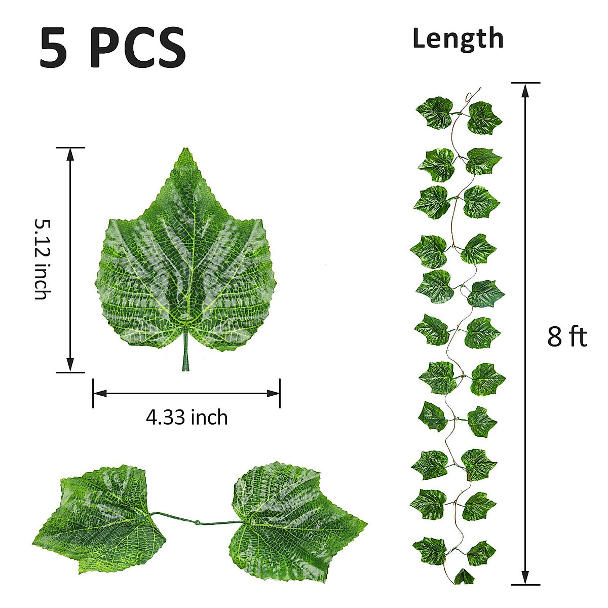 Meiliy 8 Ft 5pcs Artificial Greenery Ivy Vine Plants Foliage Grape Leaves Vine Simulation Flowers Vine Garland for Home Room Garden Wedding Outside Decoration