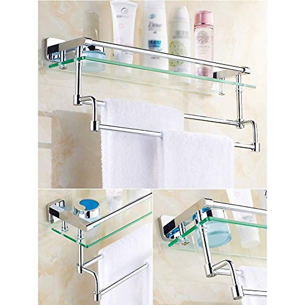 PIBM Stylish Simplicity Shelf Wall Mounted Floating Rack Wooden Bathroom Shelves Rack Rectangle Tempered Glass Cosmetic Rack Tower Hanger Guardrail Save Space - 3 Sizes, a , 51.2x13x4.2cm