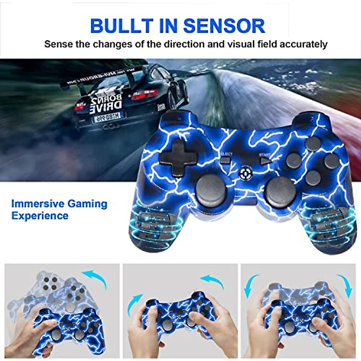 OUBANG 2 Pack Remotes Work with PS3 Controller Wireless, Cool Blue Gamepad Compatible with Playstation 3 Controller, Wireless Game Control for PS3 with Upgraded Joystick, Pa3 Controllers for PS3 Gift