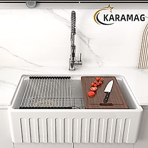 KARAMAG 33 Inch Workstation Farmhouse Kitchen Sink with Accessories, Reversible Apron-Front Single Bowl Kitchen Sink Ceramic White Farm Sinks Undermount For Kitchens