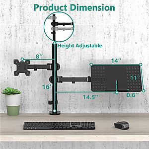 WALI Laptop and Monitor Stand Fully Adjustable Monitor Mount and Laptop Tray for 1 Laptop Notebook up to 17 inch and 1 Screen up to 27 inch, 22 lbs, Weight Capacity (M001LP), Black