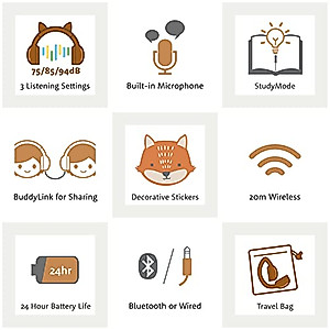 ONANOFF BuddyPhones PlayEars+, On-Ear Bluetooth Kids Headphones with Fox Ears, Volume-Limiting with Microphone, Works Wired or Wireless, 24-Hours Battery Life, for iPhone, iPad, Tablet and More