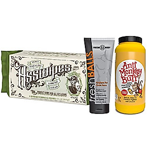 Fresh Balls Anti-Chafing Cream for Men, 3.4oz + Asswipes, 45ct Bundle with Anti-Monkey Butt Anti-Chafing Powder, 6oz
