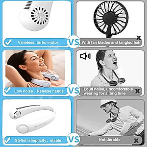 WWMMJA Portable Neck Fan,Hands Free Bladeless Fan, 360° Cooling Personal Wearable Fan 3 Speeds 4000mAh Rechargeable Battery Operated, No Hair Twisting, Headphone Design Neck Fan for Women Men (White)
